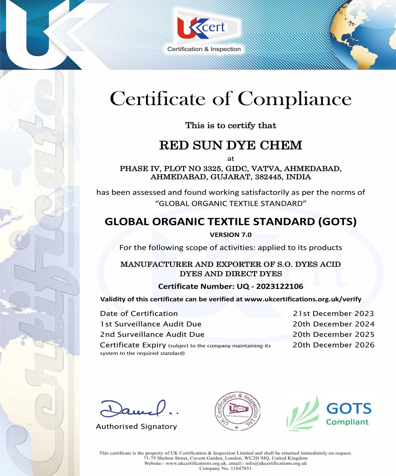 Certificates - Red Sun Dye Chem